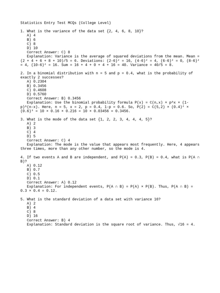 College Statistics MCQs for Entry Test | PDF
