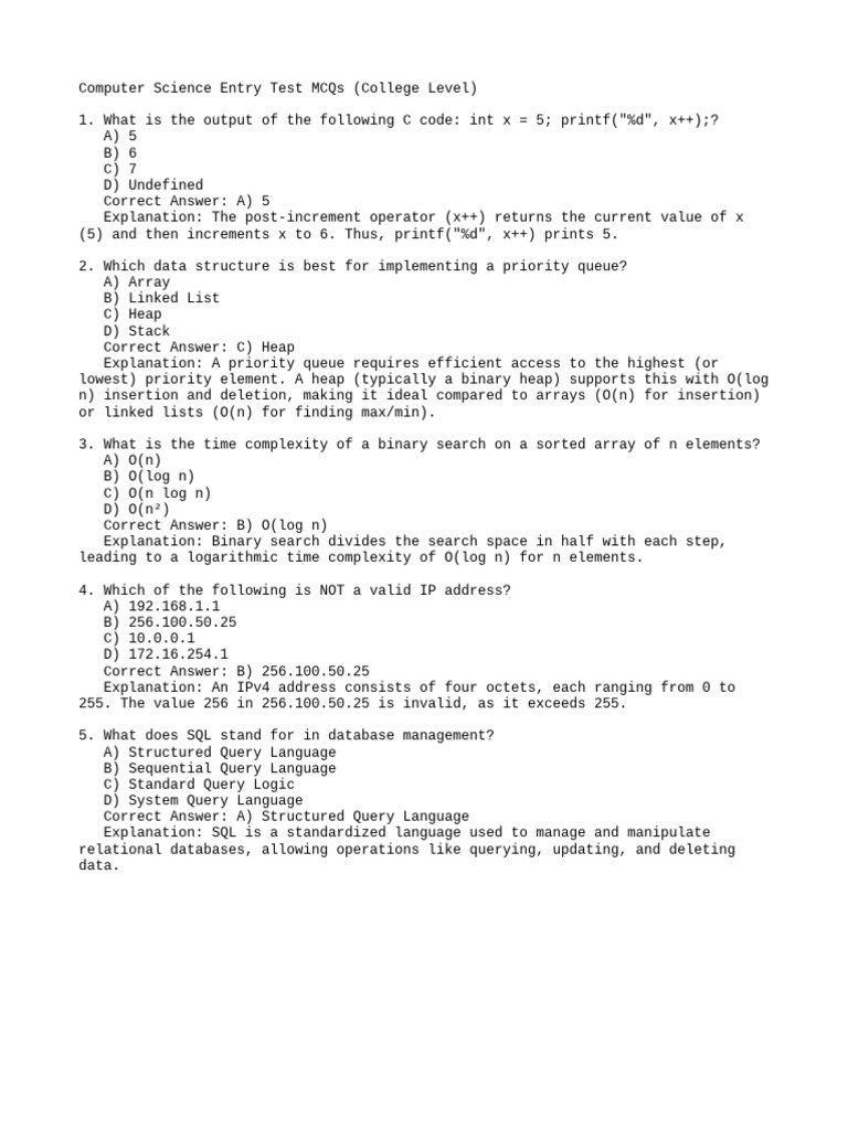 Computer Science MCQs for College Entry | PDF