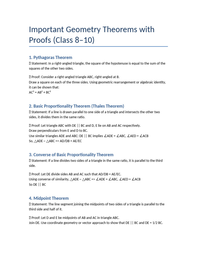 Key Geometry Theorems for Classes 8-10 | PDF | Triangle | Circle