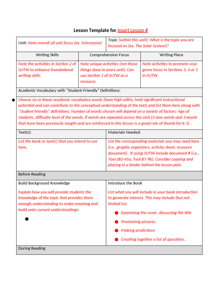 Lesson Plan Template With Explanations | PDF | Reading Comprehension | Cognitive Science