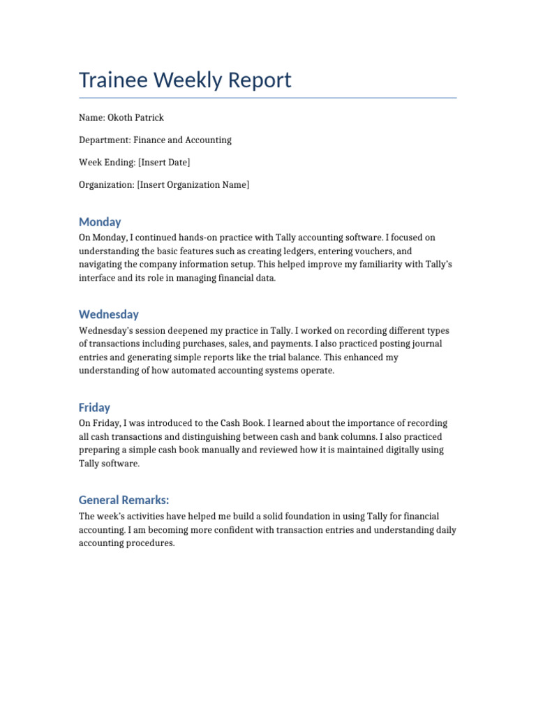 Weekly Trainee Report: Tally Accounting Skills | PDF