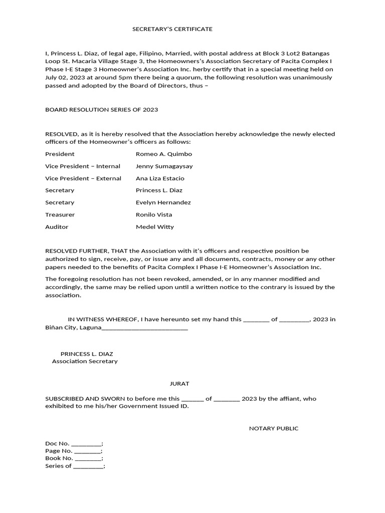 Secretary's Certificate | PDF