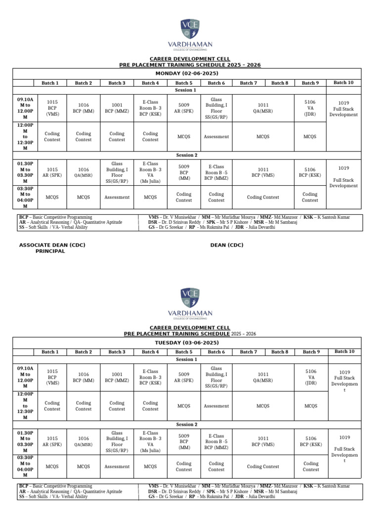 Pre-Placement Training Schedule 2025 | PDF