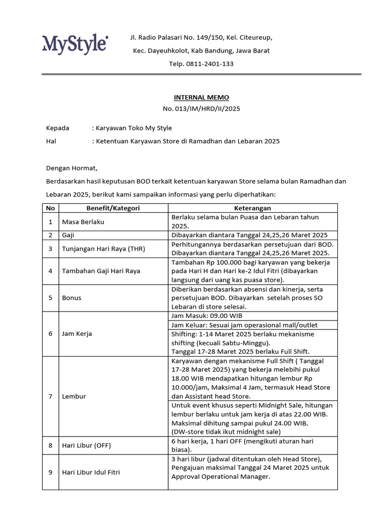Internal Memo Karyawan Store Puasa Lebaran 2025 | PDF