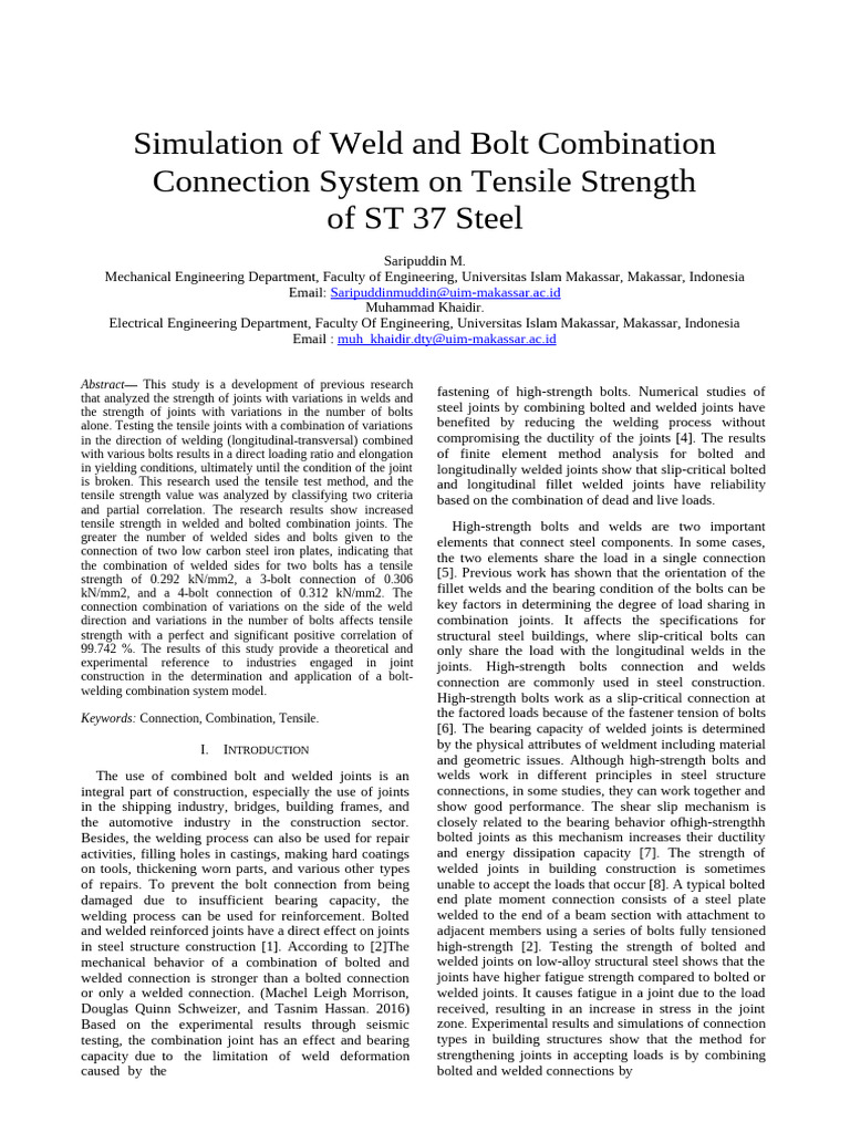 Simulation of Weld and Bolt Combination Connection System On Tensile ...