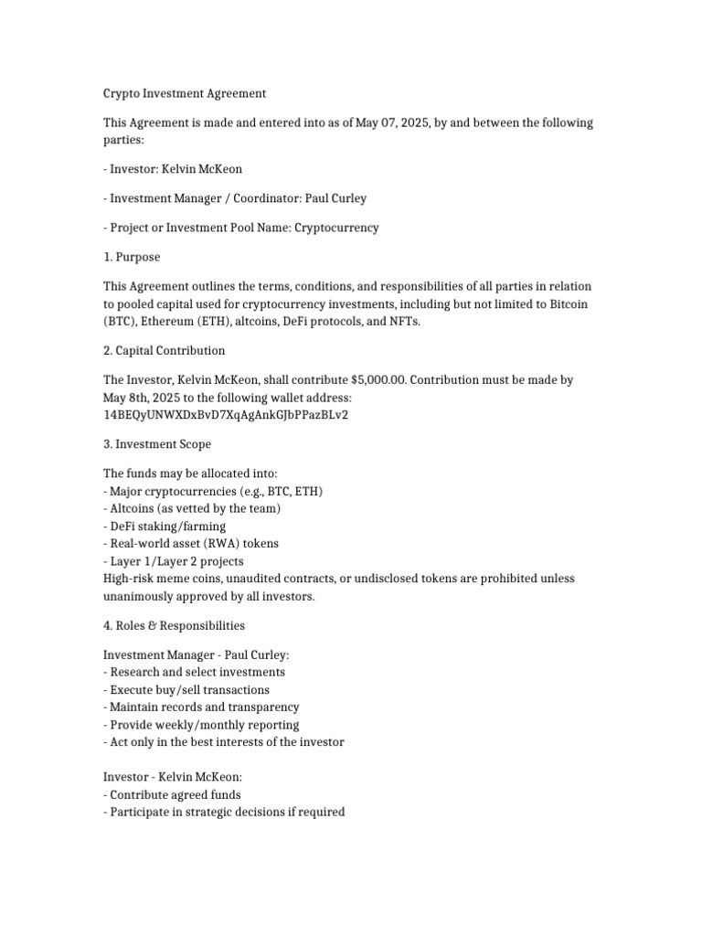 Cryptocurrency Investment Agreement | PDF | Cryptocurrency | Non ...