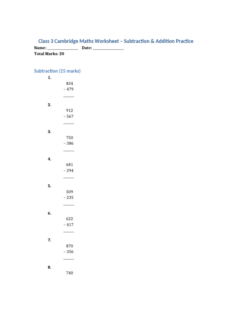 Grade 3 Maths Worksheet: Addition & Subtraction | PDF