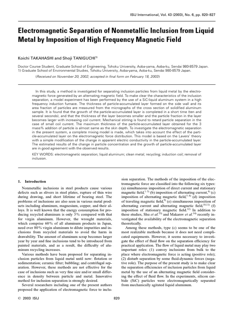 Electromagnetic Separation of Nonmetallic Inclusion From Liquid Metal by Imposition of High ...