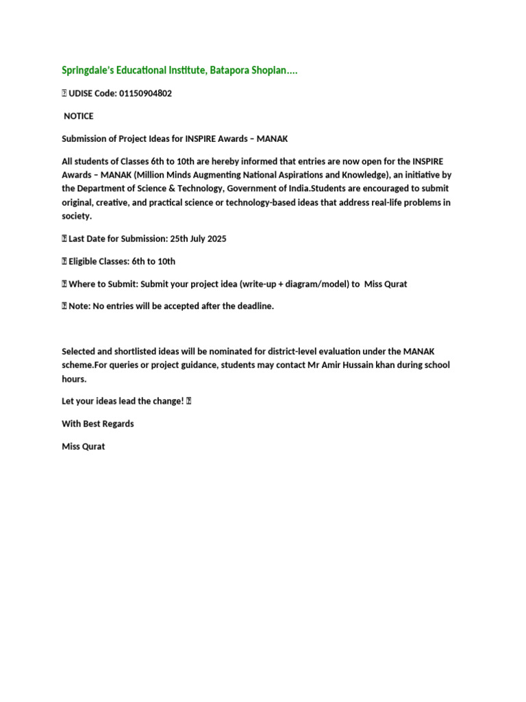 INSPIRE Awards – MANAK Project Submission | PDF