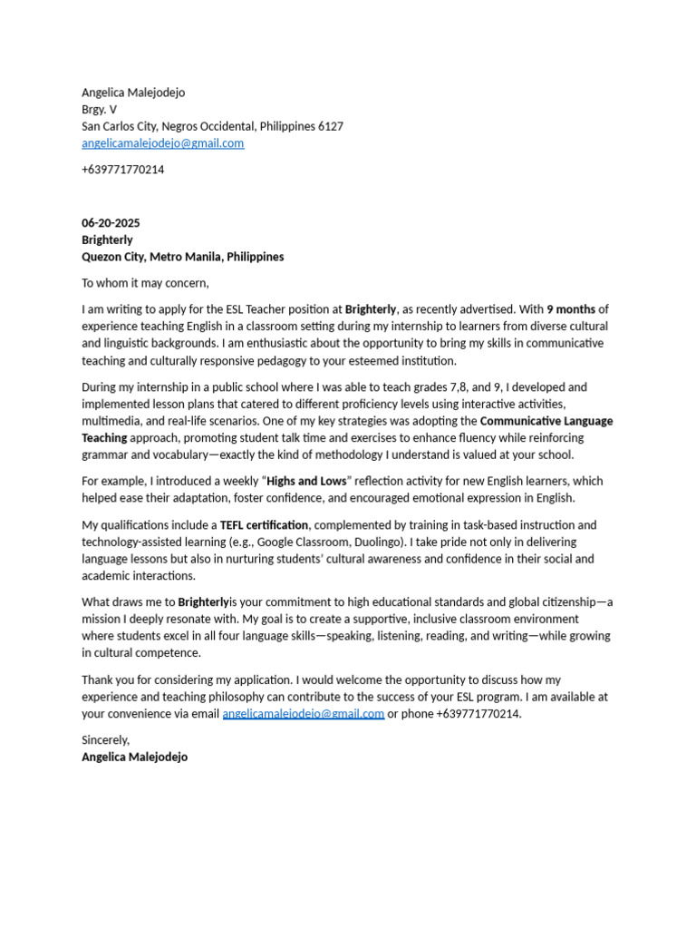 ESL Teacher Application for Brighterly | PDF