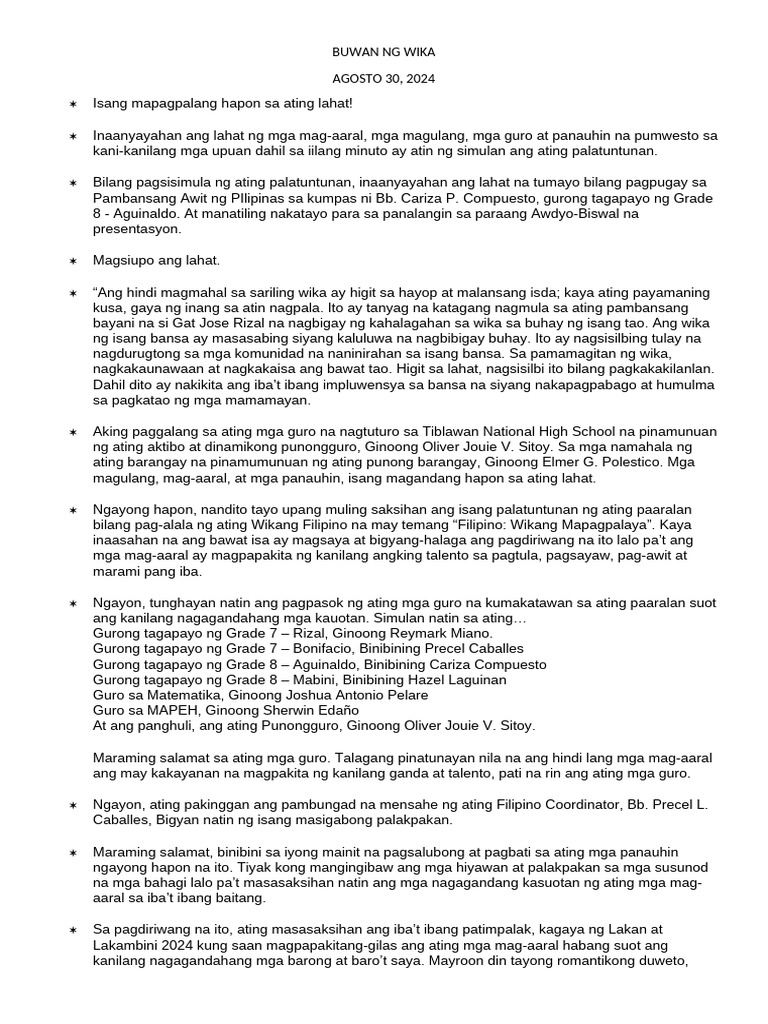 Buwan NG Wika Script | PDF