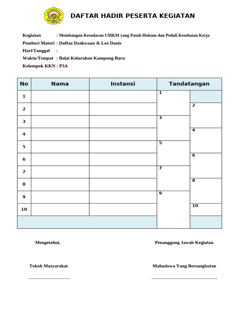 Daftar Hadir Kegiatan UMKM Patuh Hukum | PDF