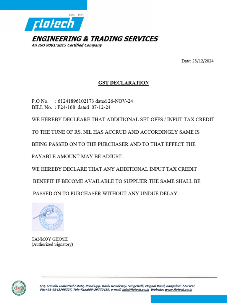Engineering & Trading Services: GST Declaration | PDF