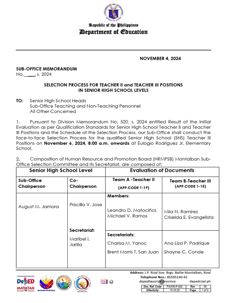 Sub Office Memorandum For Selection Process Senior High School Final ...