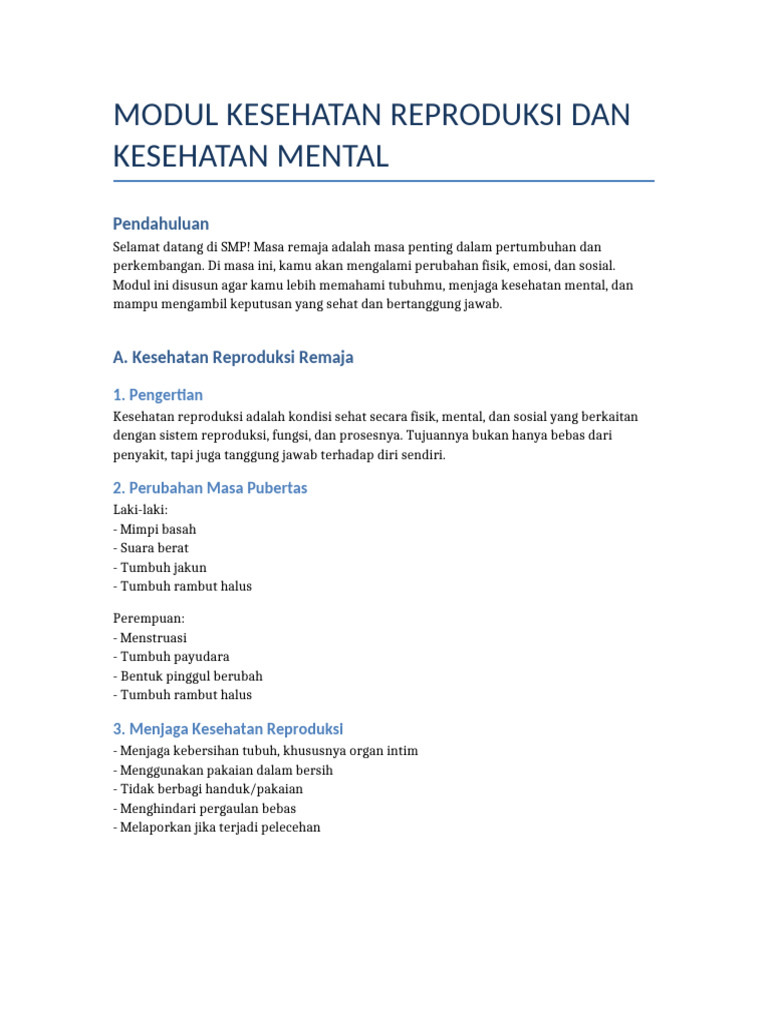 Modul Kesehatan Reproduksi Dan Kesehatan Mental SMP | PDF