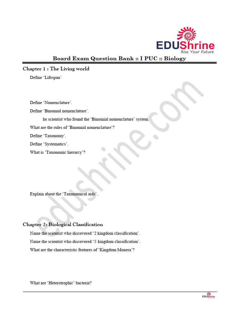 I PU Biology Question Bank | PDF | Digestion | Photosynthesis
