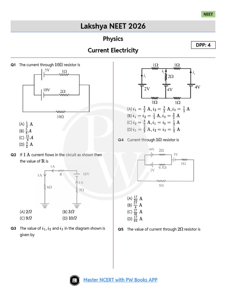 Current Electricity - DPP 04 (Of Lec 10) - Lakshya NEET 2026 | PDF | Electrical Resistivity And ...