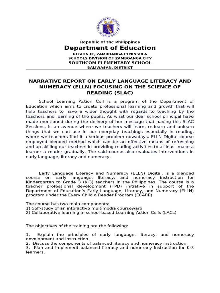 Elln Sor Narrative Report | PDF | Literacy | Teachers