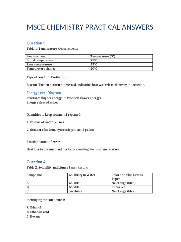 MSCE Chemistry Practical Answers | PDF