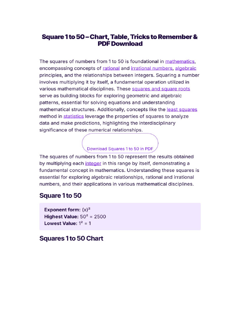 Squares 1 To 50 | PDF