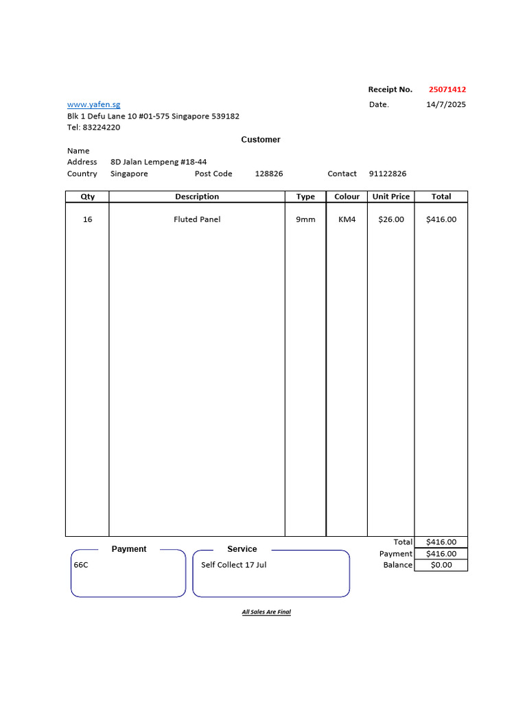 YF Ceiling Fan Receipt 25071412 | PDF