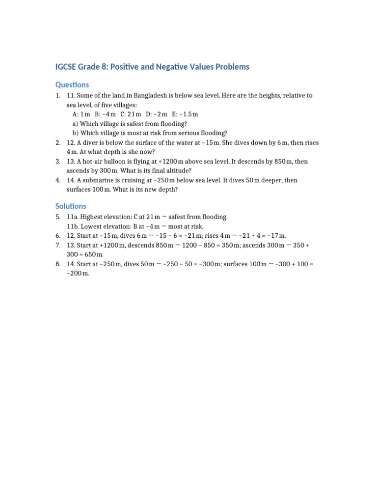 IGCSE Grade8 Positive Negative Values | PDF