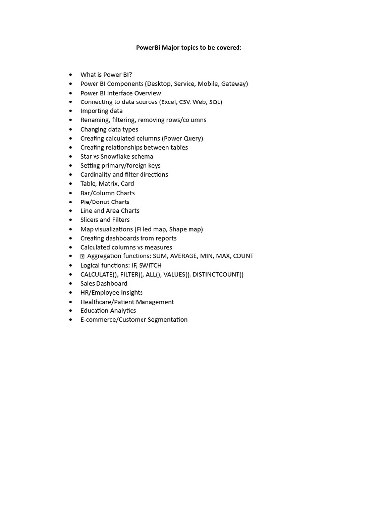 PowerBi Major Topics To Be Covered | PDF
