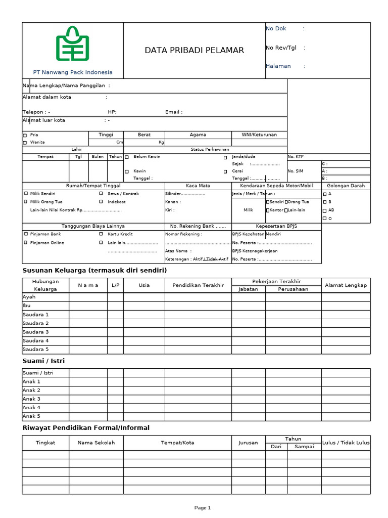 Formulir Data Pribadi Pelamar Kerja | PDF