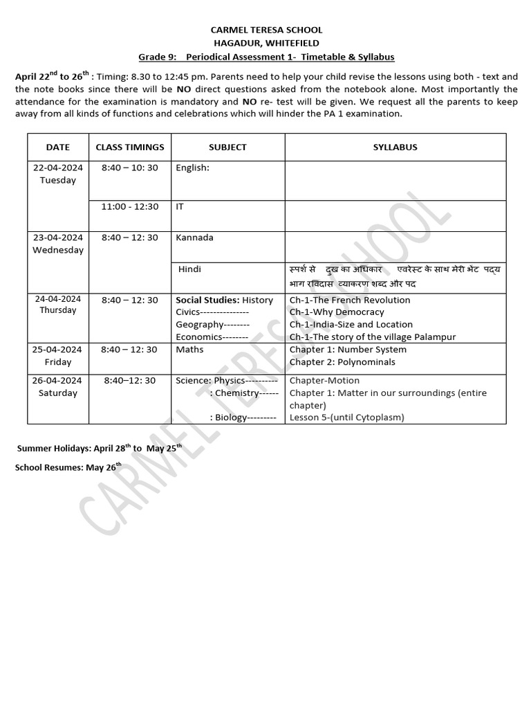Grade 9 PA 1 Syllabus - Timetable | PDF