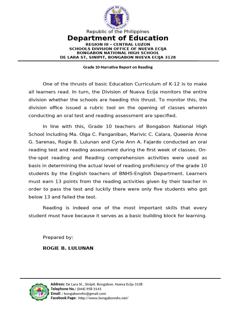 Grade 10 Narrative Report On Reading | PDF | Teaching | Applied Linguistics