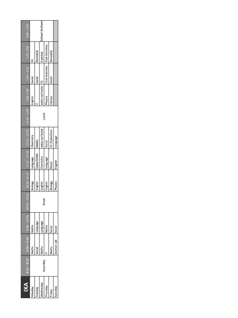 Timetable - Class IX A | PDF