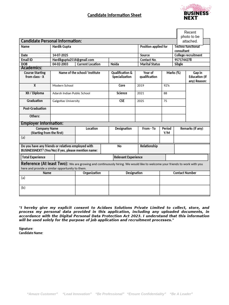 Candidate Information Sheet - Gradiate Engineer | PDF