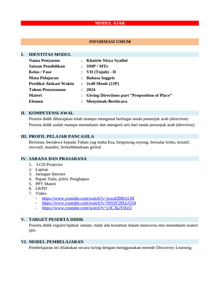 Modul Ajar Kelas 7-Giving Direction | PDF