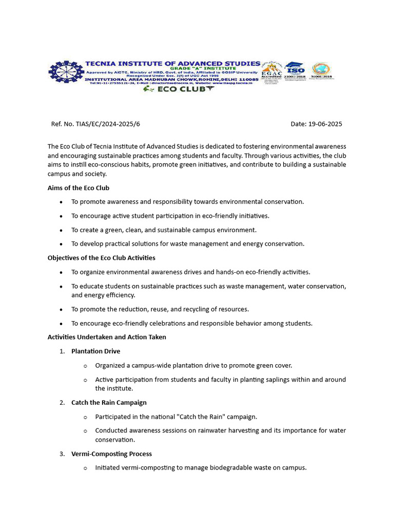 Eco Club Initiatives at TIAS 2025 | PDF | Waste Management | Electronic ...