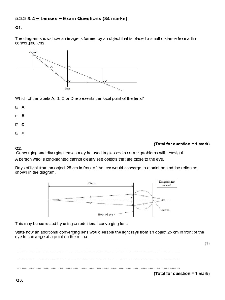 Exam Questions on Lenses and Optics | PDF | Eye | Glass Engineering And ...