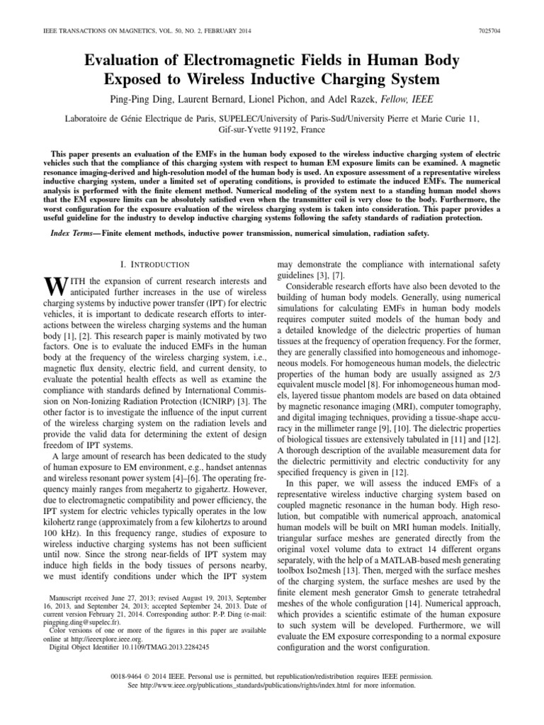 Evaluation of Electromagnetic Fields in Human Body Exposed To Wireless Inductive Charging System ...
