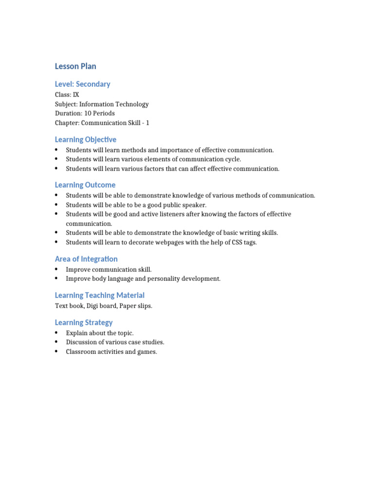 Lesson Plan Communication Skill | PDF