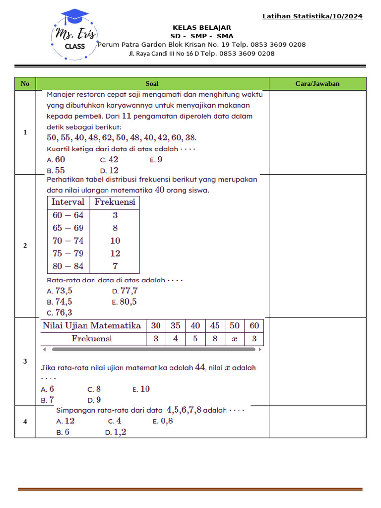 Latihan Statistika Kelas SD-SMA 2024 | PDF