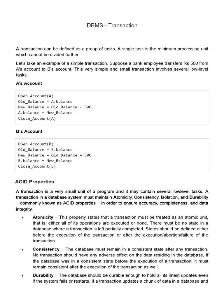 DBMS - Transaction - Tutorialspoint | PDF | Database Transaction | Acid