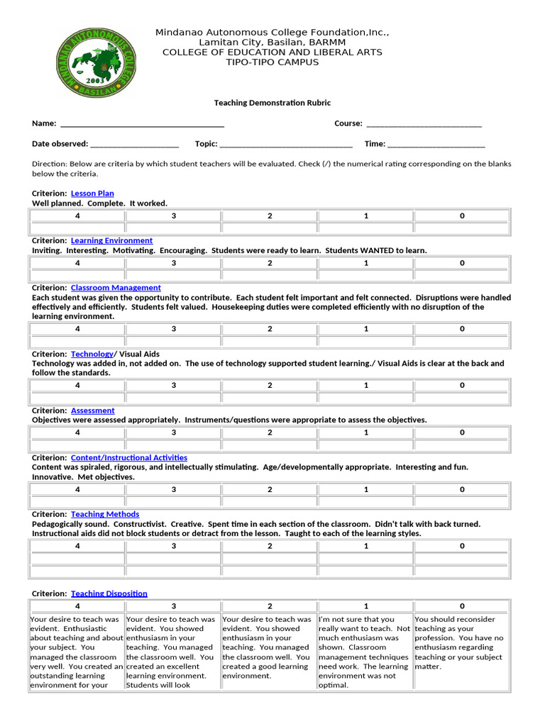 Teaching Demonstration Rubric | PDF | Learning | Lesson Plan