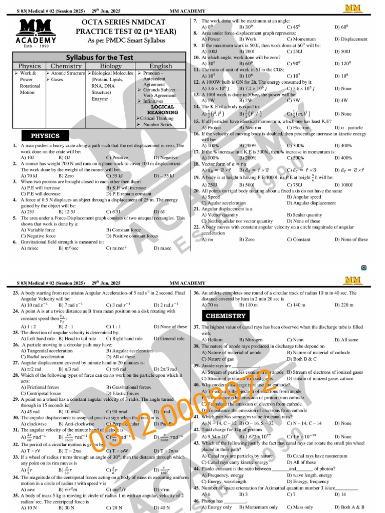 MM Octa Series 3 Test 2 With Keys (29 June 2025) - Prepmedcircle | PDF