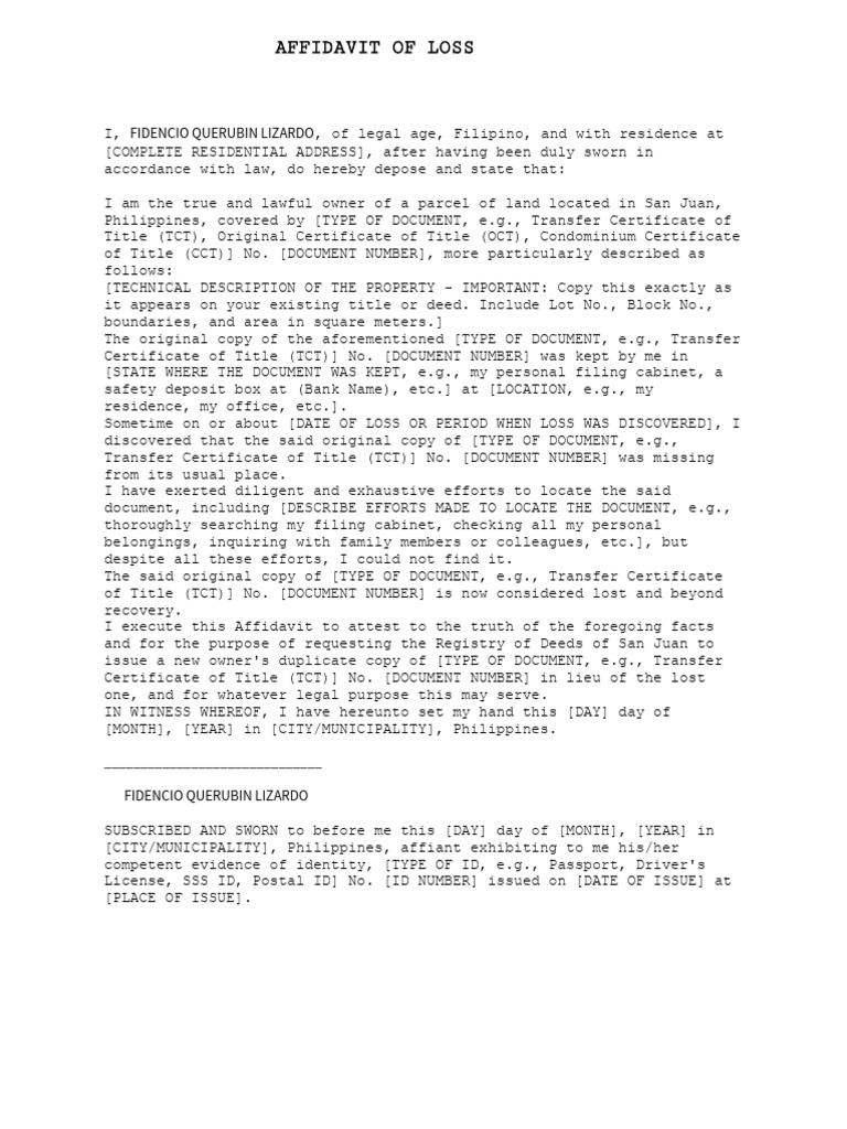 Affidavit Of Lost Land Title Pdf Affidavit Civil Law Common Law