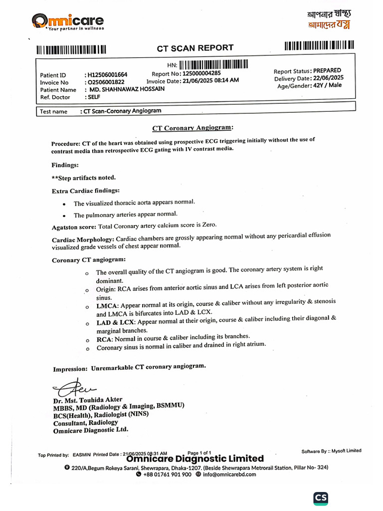 Medical Report of Md. Shahnawaz Hossain | PDF