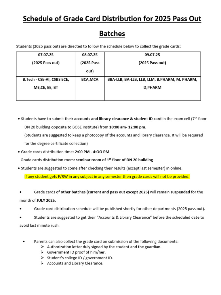 2025 Grade Card Distribution Schedule | PDF
