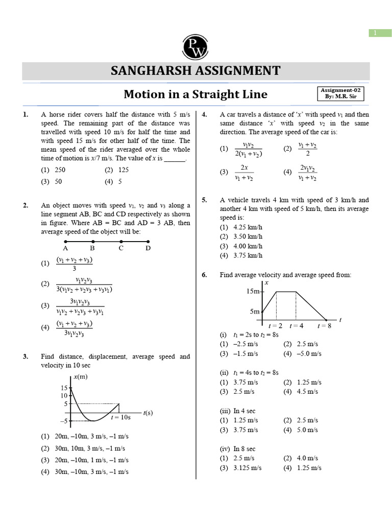 Sangharsh Assignment 02 Motion in A Straight Line Physics MR Sir | PDF | Acceleration | Speed