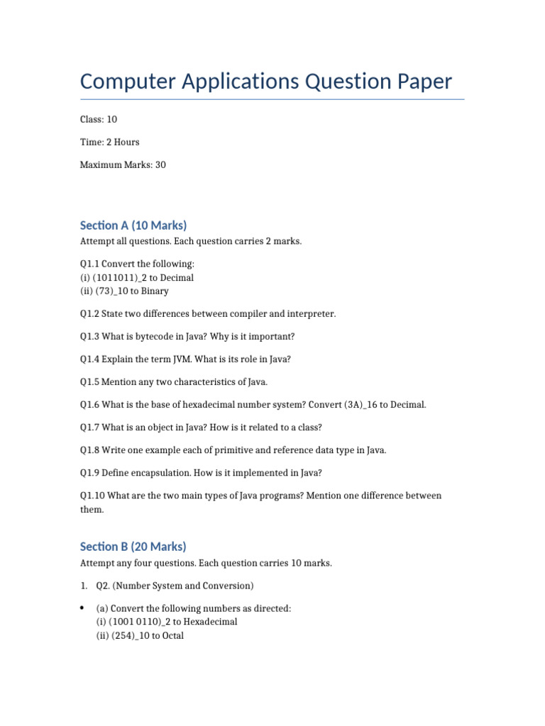 Class 10 Computer Applications Exam Guide | PDF | Java (Programming ...