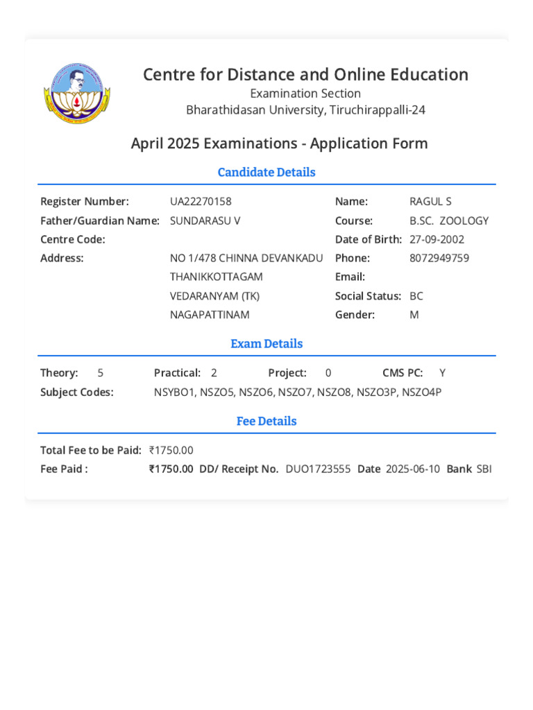 Ragul Filled Application Form | PDF