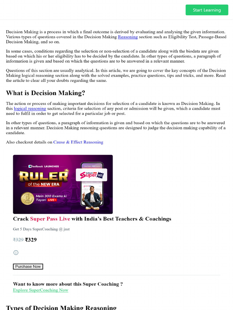 Decision Making Reasoning Key Concepts, Solved Examples Here! | PDF