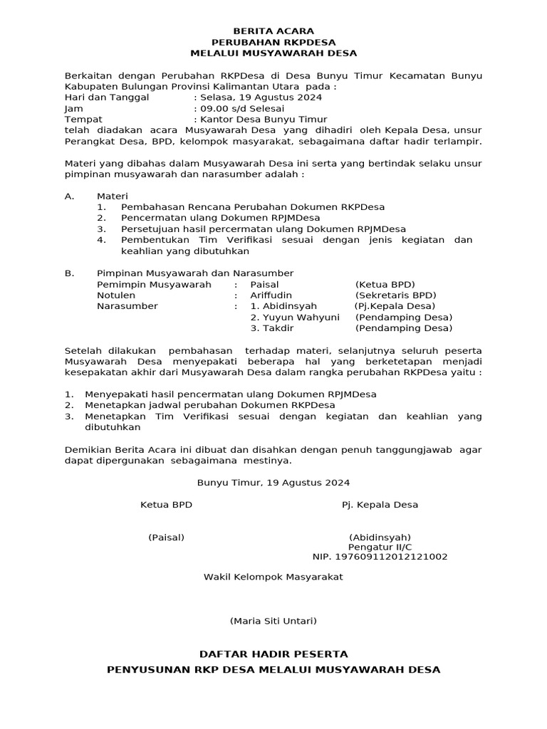 02 Lampiran 3 Contoh BA Penyusunan Perubahan RKPDesa Melalui Musdes | PDF