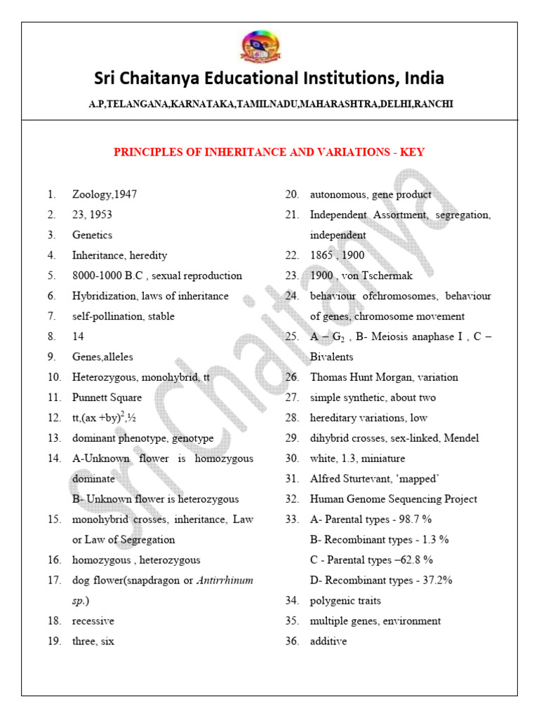 Botany - (K) Principles of Inheritance and Variations - Key | PDF ...